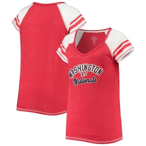 SOFT AS A GRAPE Washington Nationals Curvy Colorblock Tri-blend Raglan V-neck T-shirt - Red