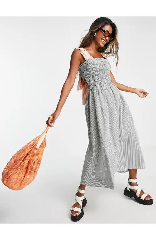 topshop gingham midi dress TOPSHOP Puff Sleeve Midi Summer Dress In Navy Gingham In Navy Multi Size 6