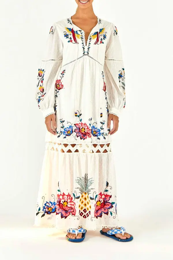 farm rio beaded macaw dress Cross Stitch Embroidered Maxi In Off-White - 20% Off Cyrielle ribbon-detail puff-sleeve maxi color::white Pick Size:M Farm Rio