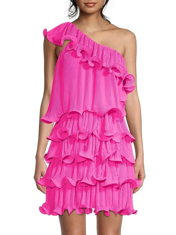 MILLY Blakely One-shoulder Tiered Ruffle Minidress Size