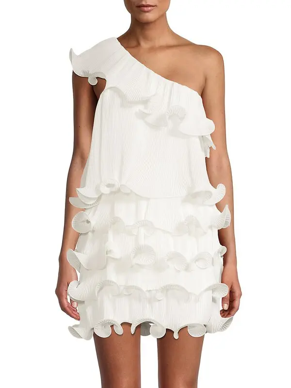 MILLY Blakely One-shoulder Tiered Ruffle Minidress Size