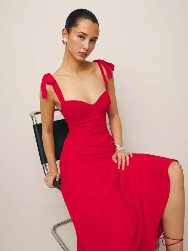 REFORMATION Nadira Dress Sleeveless Sweetheart Neckline Midi Dress - Red