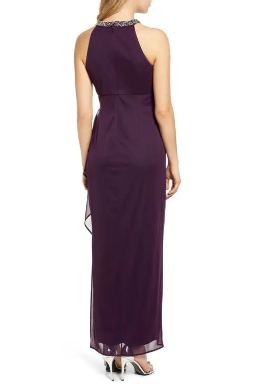 Alex Evenings Embellished Halter Ruched Column Gown - Eggplant |  Editorialist