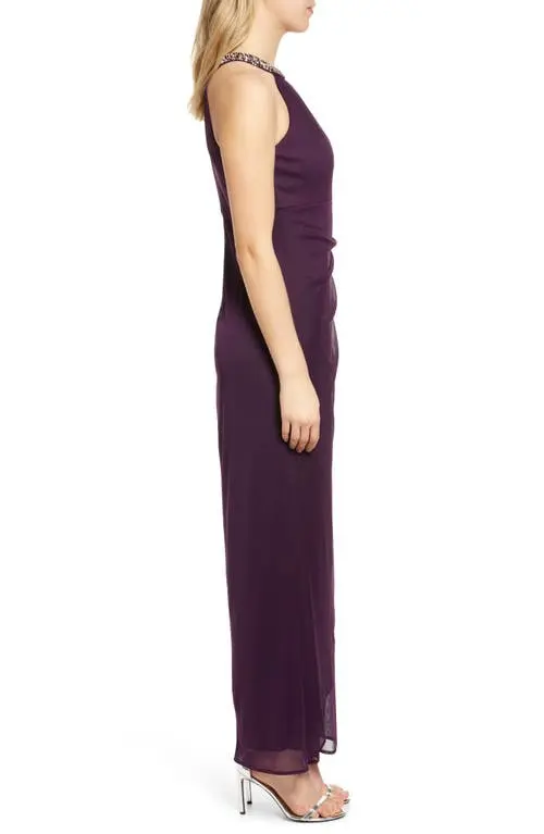 Alex Evenings Embellished Halter Ruched Column Gown - Eggplant |  Editorialist