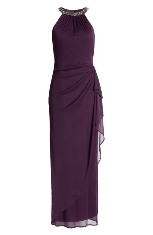 backless red halter dress Red Sequin Halter Backless Long Formal Dress with Side Slit – Modsele
