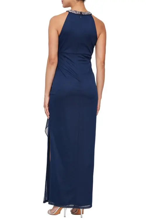 Alex Evenings Embellished Halter Ruched Column Gown - Navy