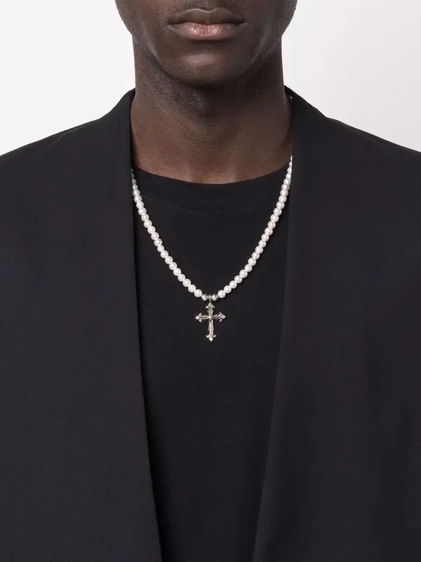 Emanuele Bicocchi Pearl Necklace With Cross Pendant - Silver