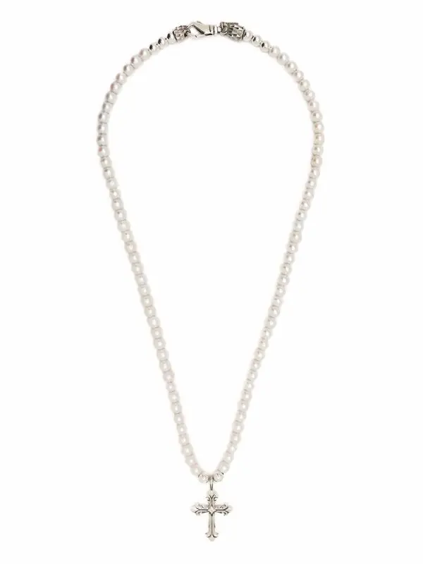 Emanuele Bicocchi Pearl Necklace With Cross Pendant - Silver