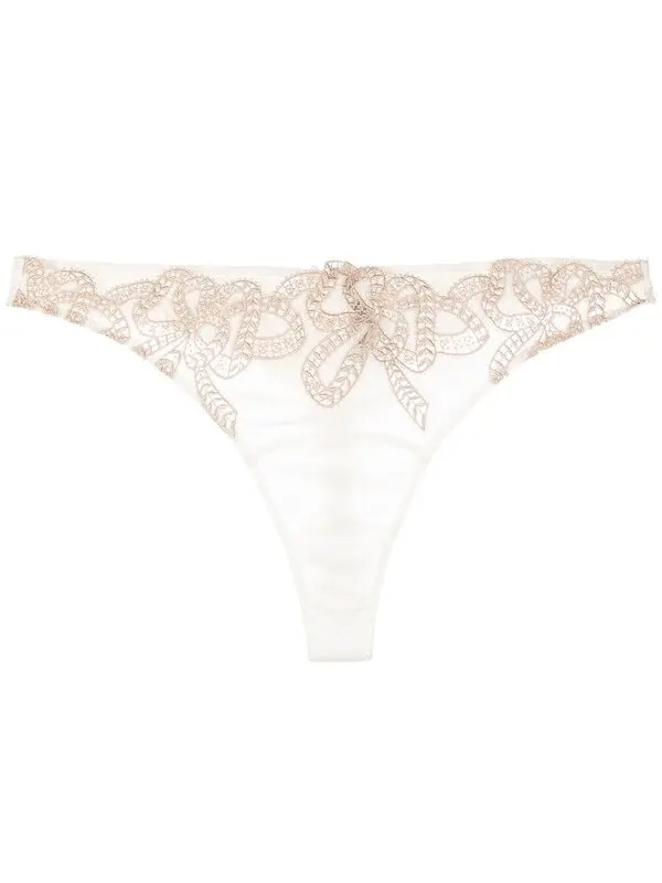 FLEUR DU MAL Bow Guipure Embroidered Thong - White