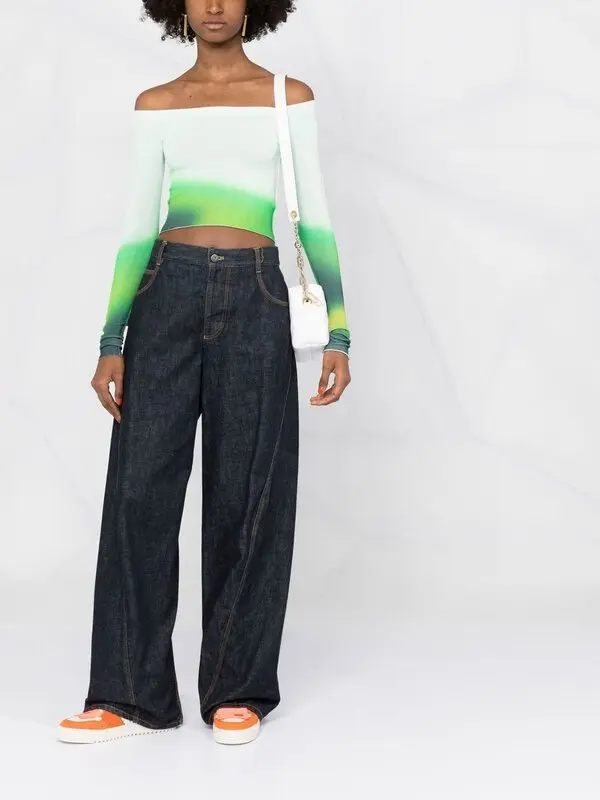 Off-White Off-shoulder Gradient Top - Green