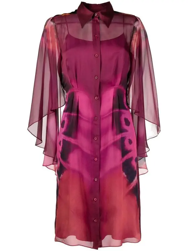 Alberta Ferretti Butterfly Print Semi-sheer Shirt Dress - Purple