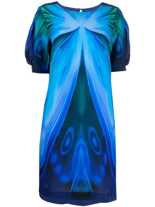 Alberta Ferretti Short Sleeve Butterfly Print Dress - Blue