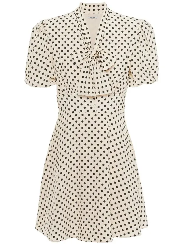 MIUMIU シルクシフォン ポルカドット ドレス ホワイト＆ブラック Miu Miu Polka-Dot Mini Silk Dress - White | Editorialist