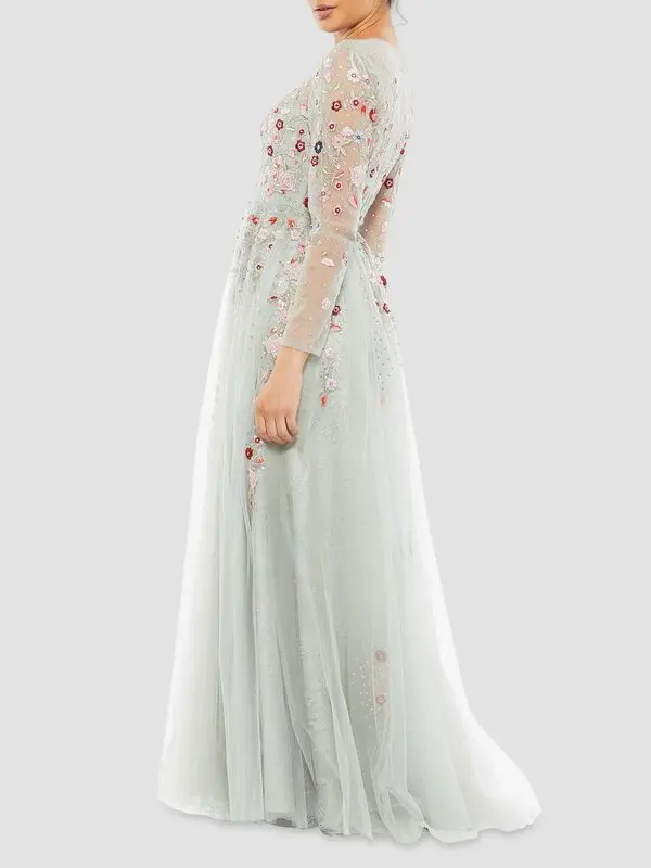 Mac Duggal Long-sleeve Floral Applique Tulle Gown