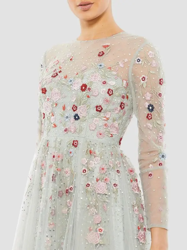 Mac Duggal Long-sleeve Floral Applique Tulle Gown