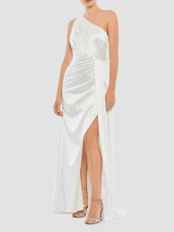 Mac Duggal One-shoulder Draped Satin Gown - White