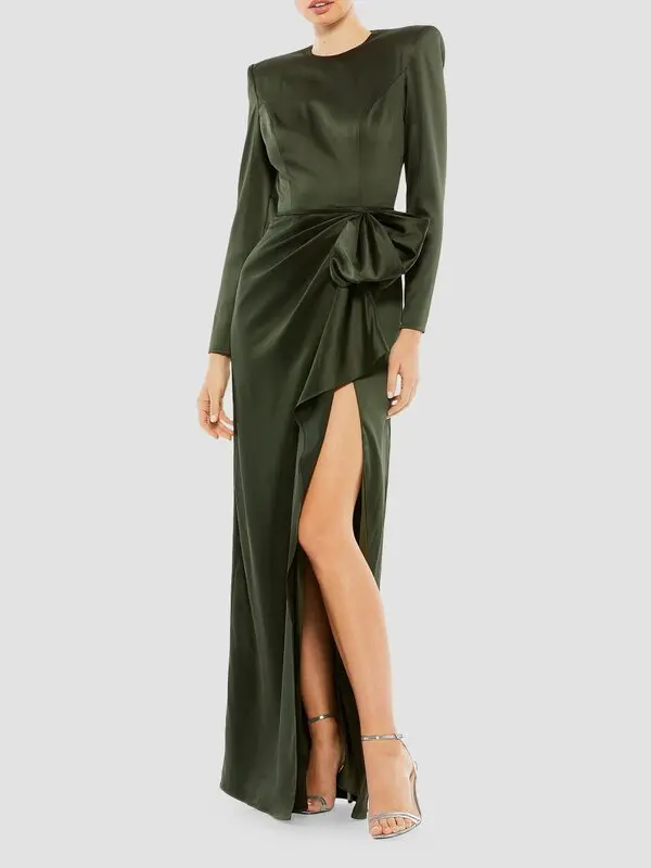 Mac Duggal Satin Power Shoulder Gown - Olive