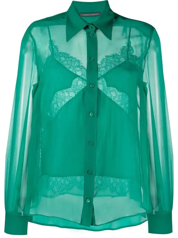 Alberta Ferretti Silk Lace Insert Shirt - Green