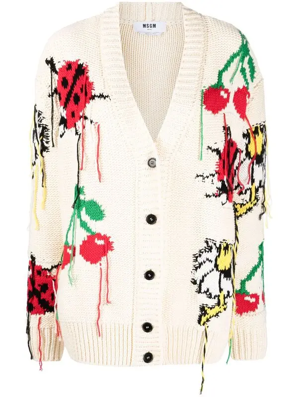 MSGM Intarsia Knit Fringed Cardigan - Neutrals