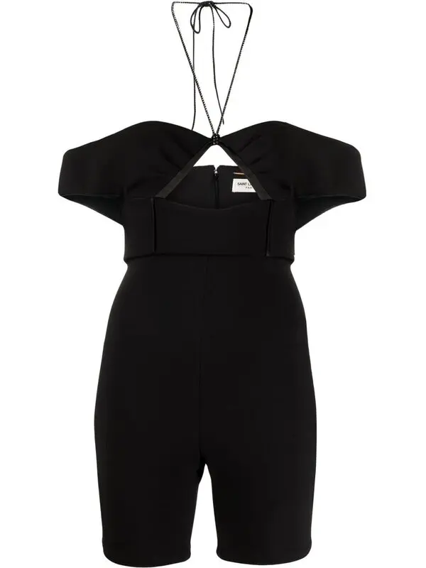 Saint Laurent Halterneck Cold-shoulder Playsuit - Black