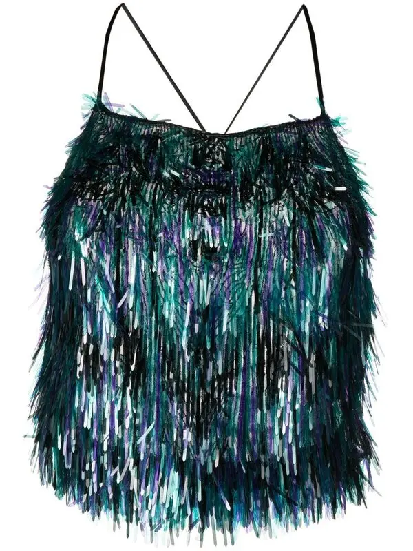 Alberta Ferretti Sequin-fringed Wrap-tie Top - Blue