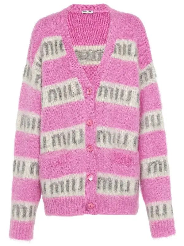 Miu Miu Mohair Intarsia-Logo Cardigan - Pink | Editorialist