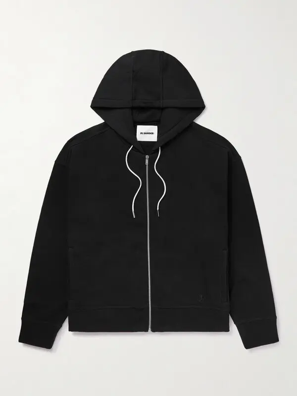JIL SANDER Logo-embroidered Cotton-jersey Zip-up Hoodie - Black