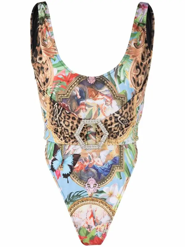 Philipp Plein Graphic-print Belted Swimsuit - Brown