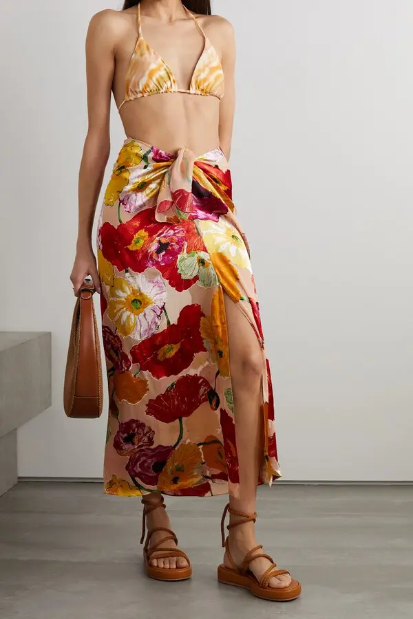 Cult Gaia Nila Floral-print Tie-front Silk-blend Devoré Satin Sarong