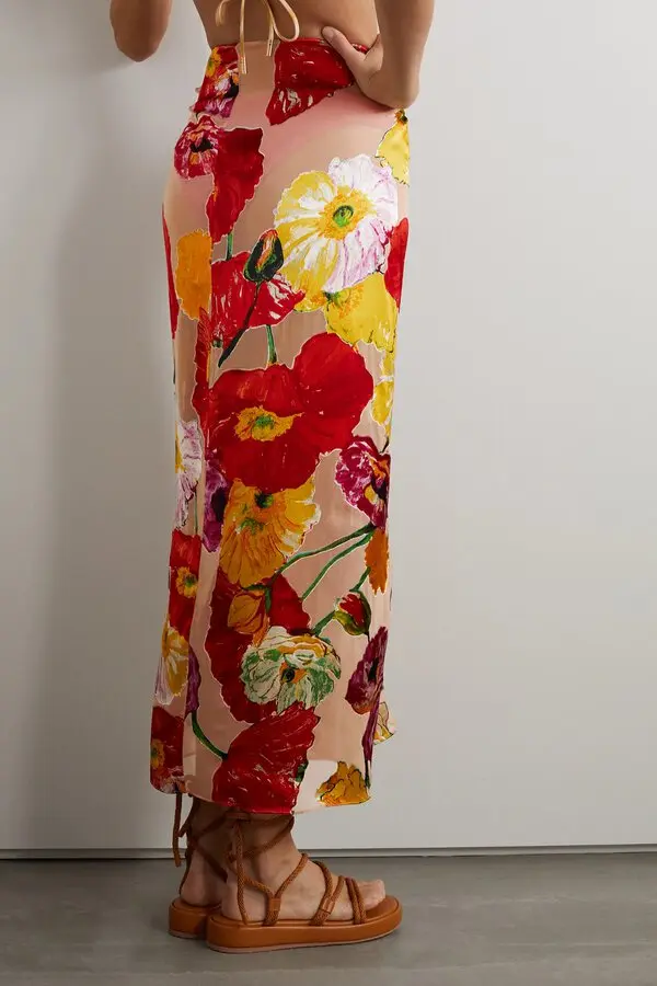 Cult Gaia Nila Floral-print Tie-front Silk-blend Devoré Satin Sarong