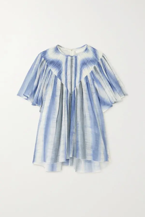 Chloé Ruffled Smocked Tie-dyed Wool-gauze Top - Blue