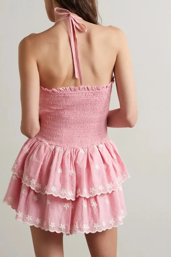 Loveshackfancy Aqua Shirred Embroidered Cotton-Voile Halterneck Mini Dress  In Pink - 70% Off | Editorialist