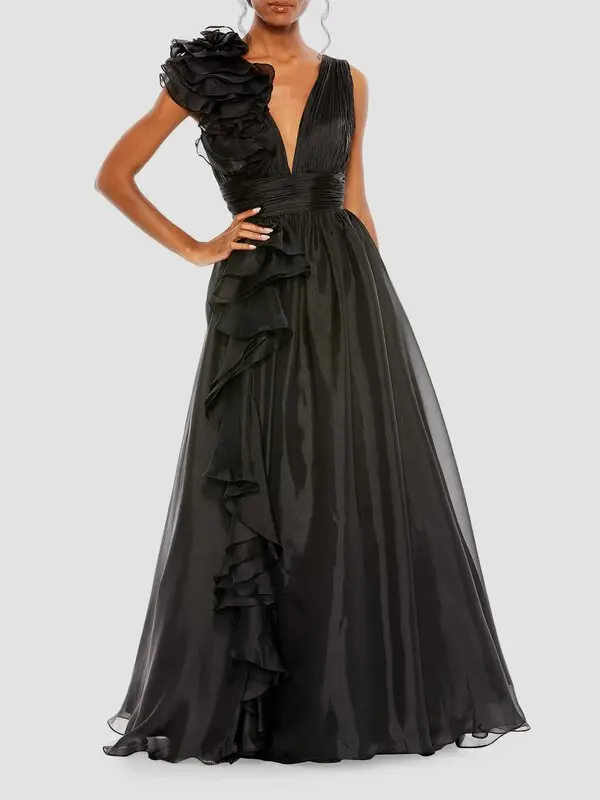 Mac Duggal Ruffle Shoulder V-neck Gown - Black