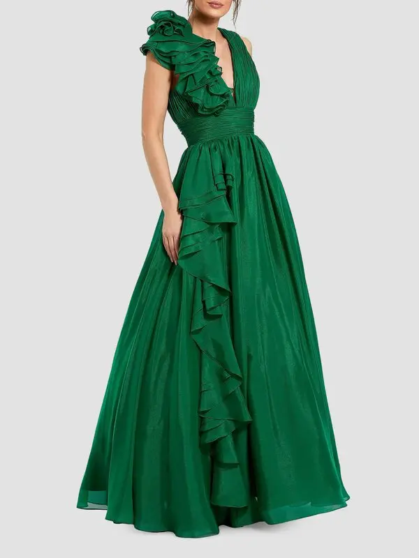 Mac Duggal Ruffle Shoulder V-neck Gown - Emerald