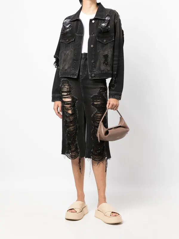 Goen.j Distressed Denim Trucker Jacket - Black