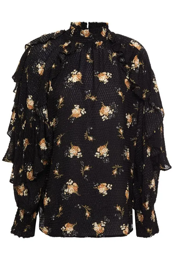 Maje Ruffled Floral-print Fil Coupé Woven Blouse - Black