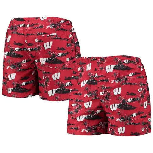 FOCO Wisconsin Badgers Island Palm Swim Trunks - Red