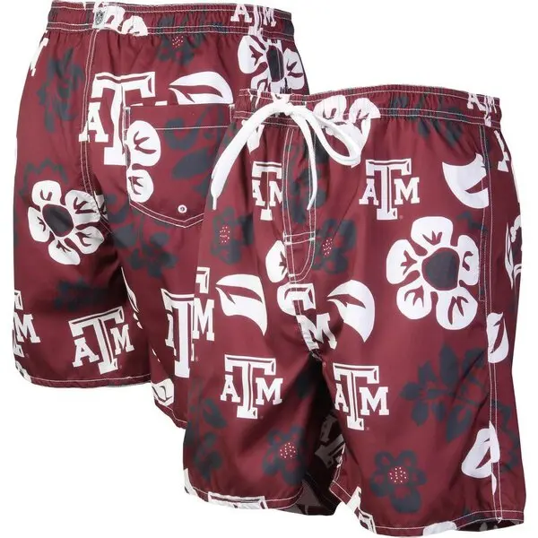 WES & WILLY Texas A&m Aggies Floral Volley Logo Swim Trunks - Maroon