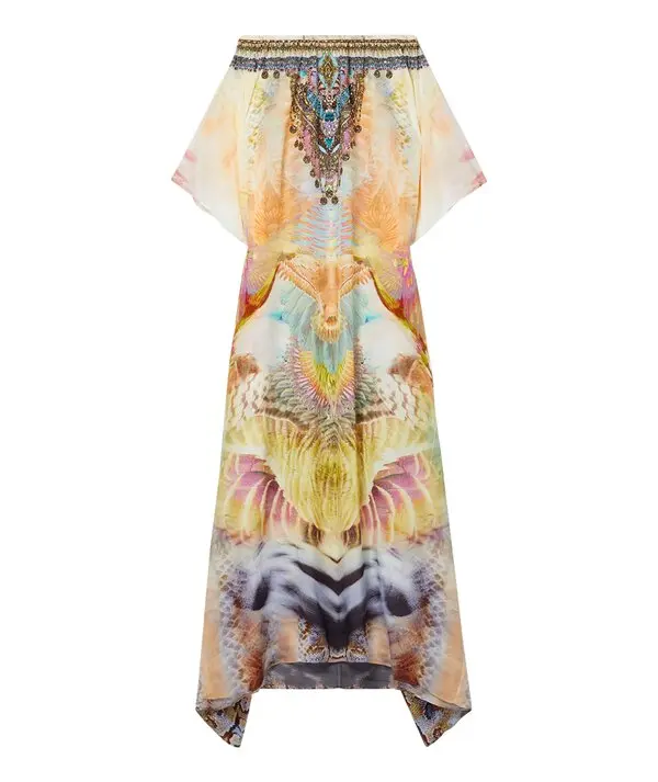 Camilla Off-the-shoulder Embellished Printed Silk Crepe De Chine Kaftan