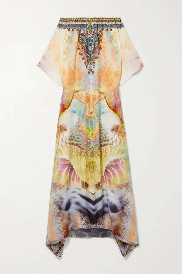 Camilla Off-the-shoulder Embellished Printed Silk Crepe De Chine Kaftan