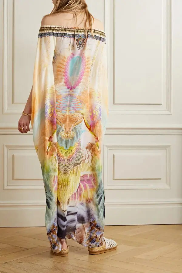 Camilla Off-the-shoulder Embellished Printed Silk Crepe De Chine Kaftan