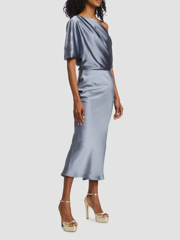 Amsale Draped Satin Pencil Midi-dress - Slate