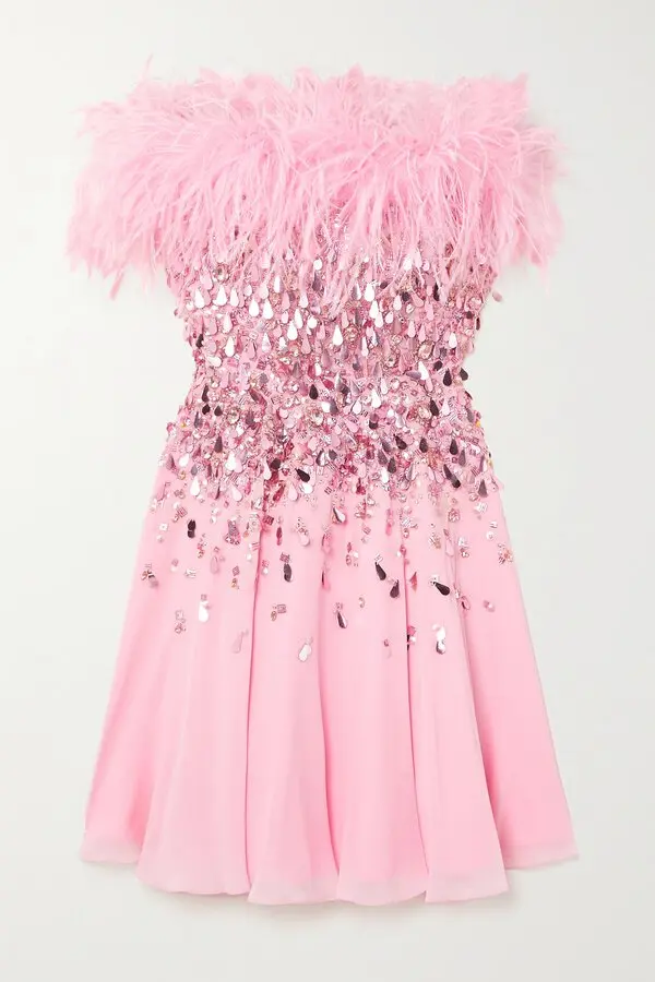 Jenny Packham Pearl Feather-trimmed Embellished Silk-chiffon Mini Dress