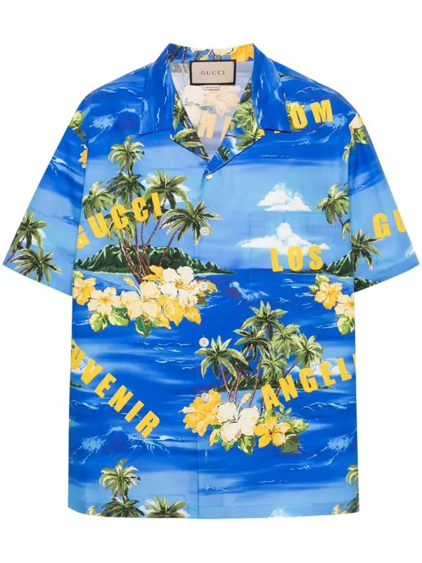 Gucci Palm Tree-print Bowling Shirt - Blue