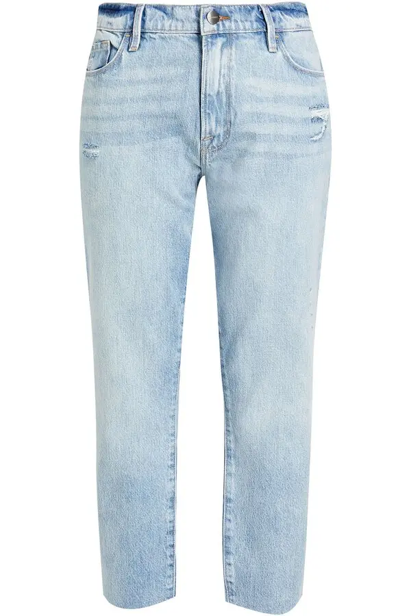 FRAME Le Garçon Cropped Distressed Straight Leg Jeans - Light Denim