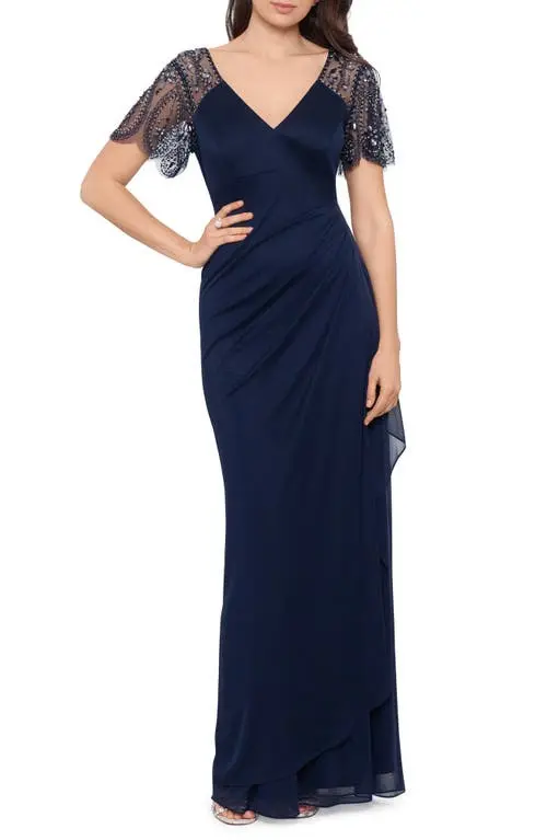 XSCAPE EVENINGS Beaded Sleeve Column Gown - Navy