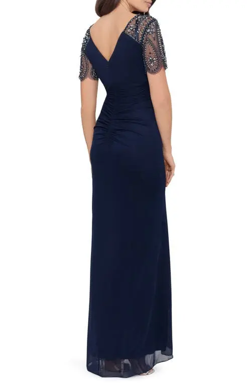 XSCAPE EVENINGS Beaded Sleeve Column Gown - Navy