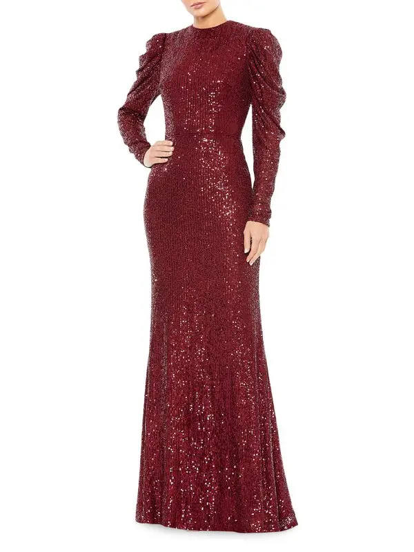 Mac Duggal Sequined Puff-sleeve Sheath Gown - Wine