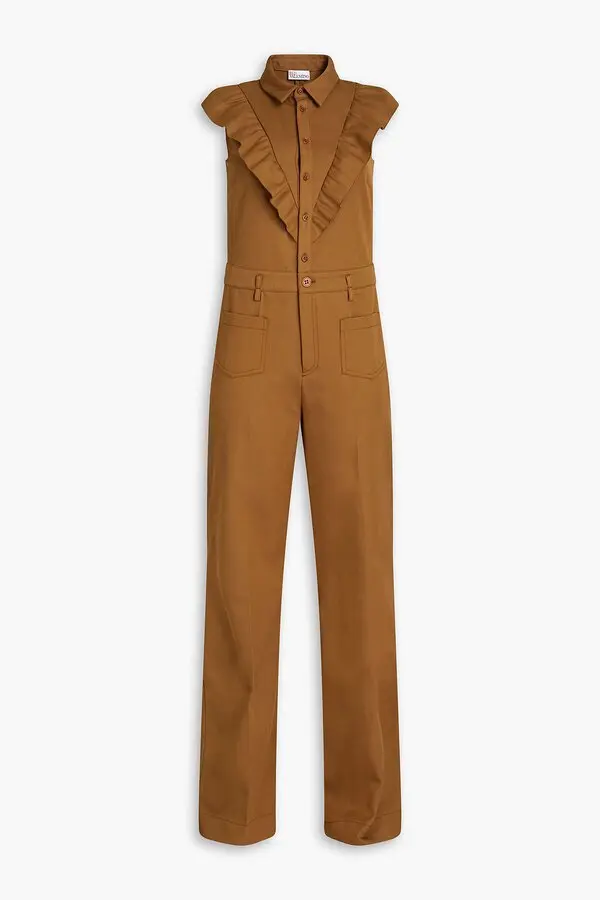 Red Valentino Ruffled Cotton And Wool-blend Twill Flared Jumpsuit - Light Brown