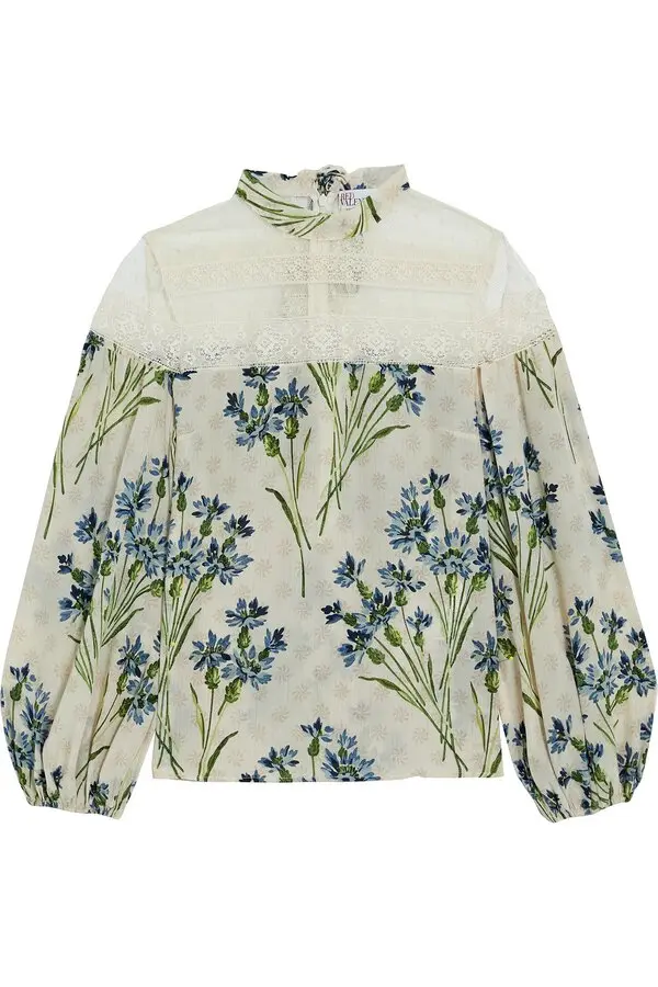 Red Valentino Point D'espritpaneled Floralprint Silk Crepe De Chine Blouse - Cream